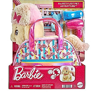 Barbie Stuffed Animals, Hairdresser Poodle with Themed Purse Playset and 6 Accessories, Plush with Lights and Sounds, Salon Pet Adventure
