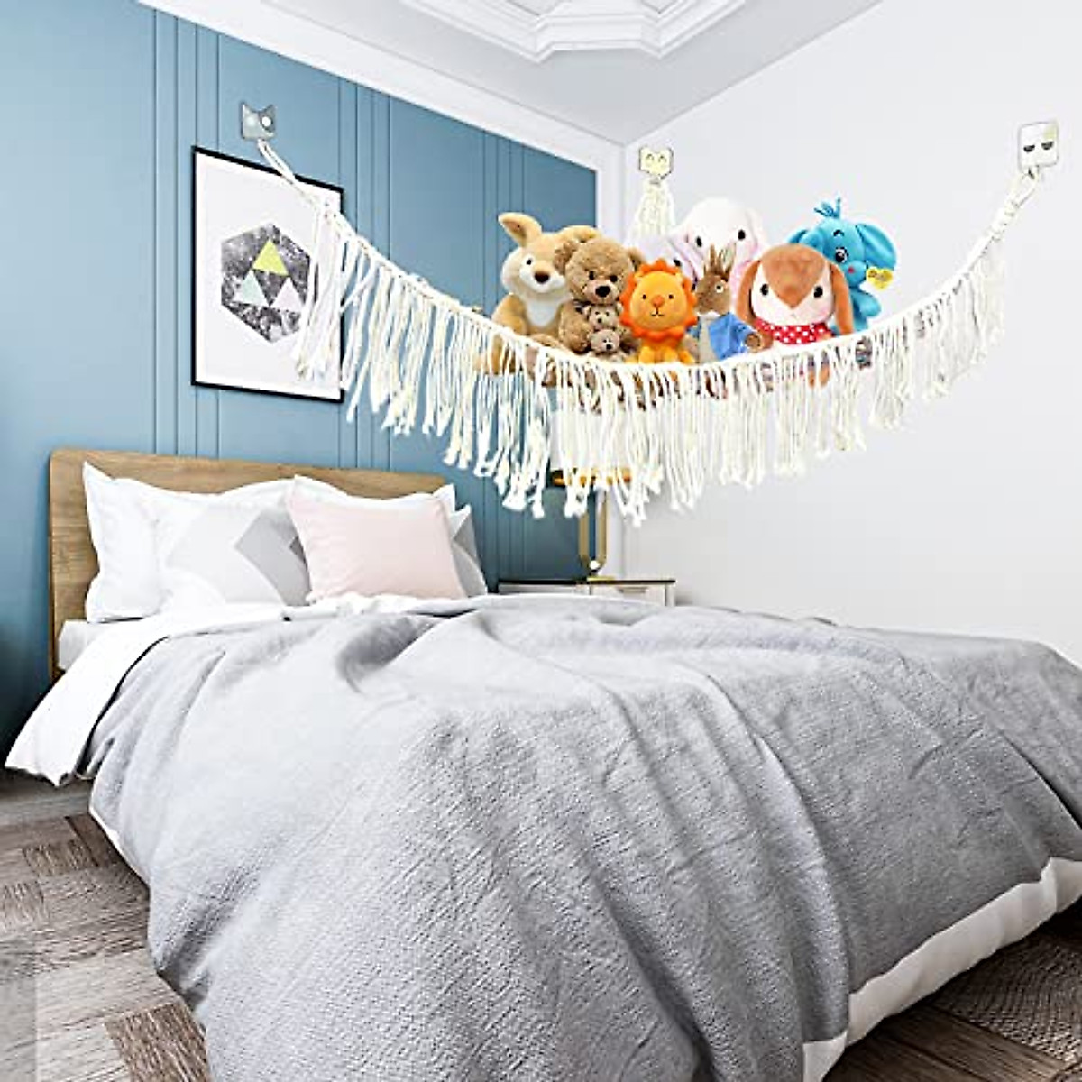 Boho Stuffed Animals Net Or Hammock Large,55 inch Toy Hammock Macrame Stuff Animal Storage Corner Hanging Net Holder,Mesh Hammock Plush Toy Organizer with Tassel & Hooks for Bedroom