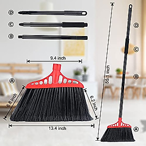 Heavy Duty Broom Outdoor/Indoor Commercial Broom with 55" Long Handle, Wide Angle Corner Broom Perfect for Garage Patio Kitchen Sidewalk Deck Porch Driveway Floor Room Rubbish Sweeping - Black and Red