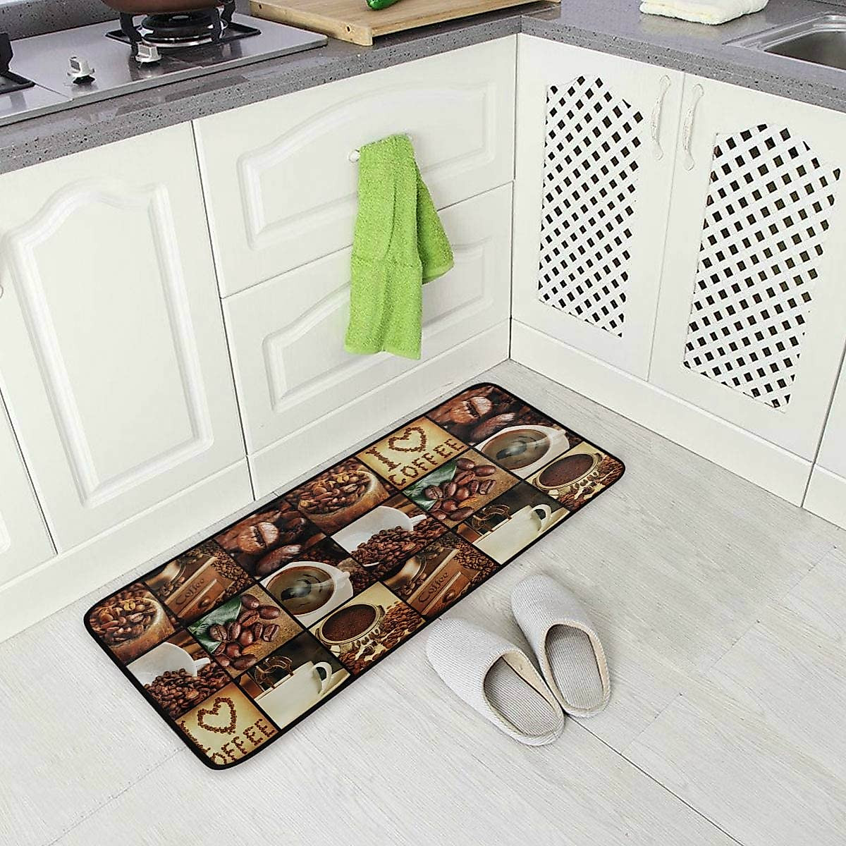 Aslsiy Coffee Bean Mugs Kitchen Rug Fall Coffee Area Rug Bedroom Mats Bath Rugs Autumn Welcome Non Slip Living Room Rug for Floor Comfort Doormats Home Decor 39" X 20"