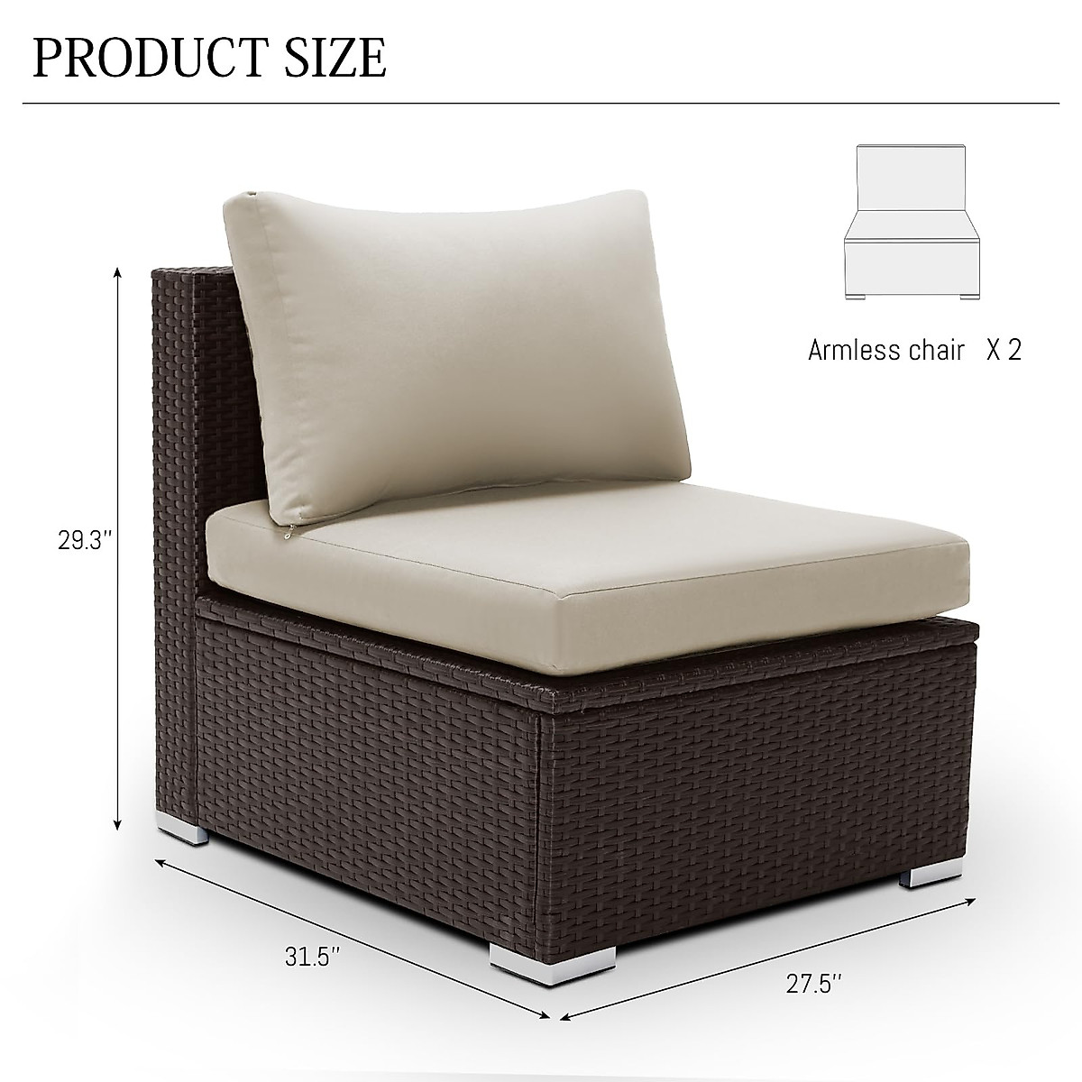 BULEXYARD 2 Pieces PE Rattan Patio Furniture Armless Sofas with Thick Cushions Outdoor Wicker Seating for Backyard, Deck, Garden, Balcony (Brown)