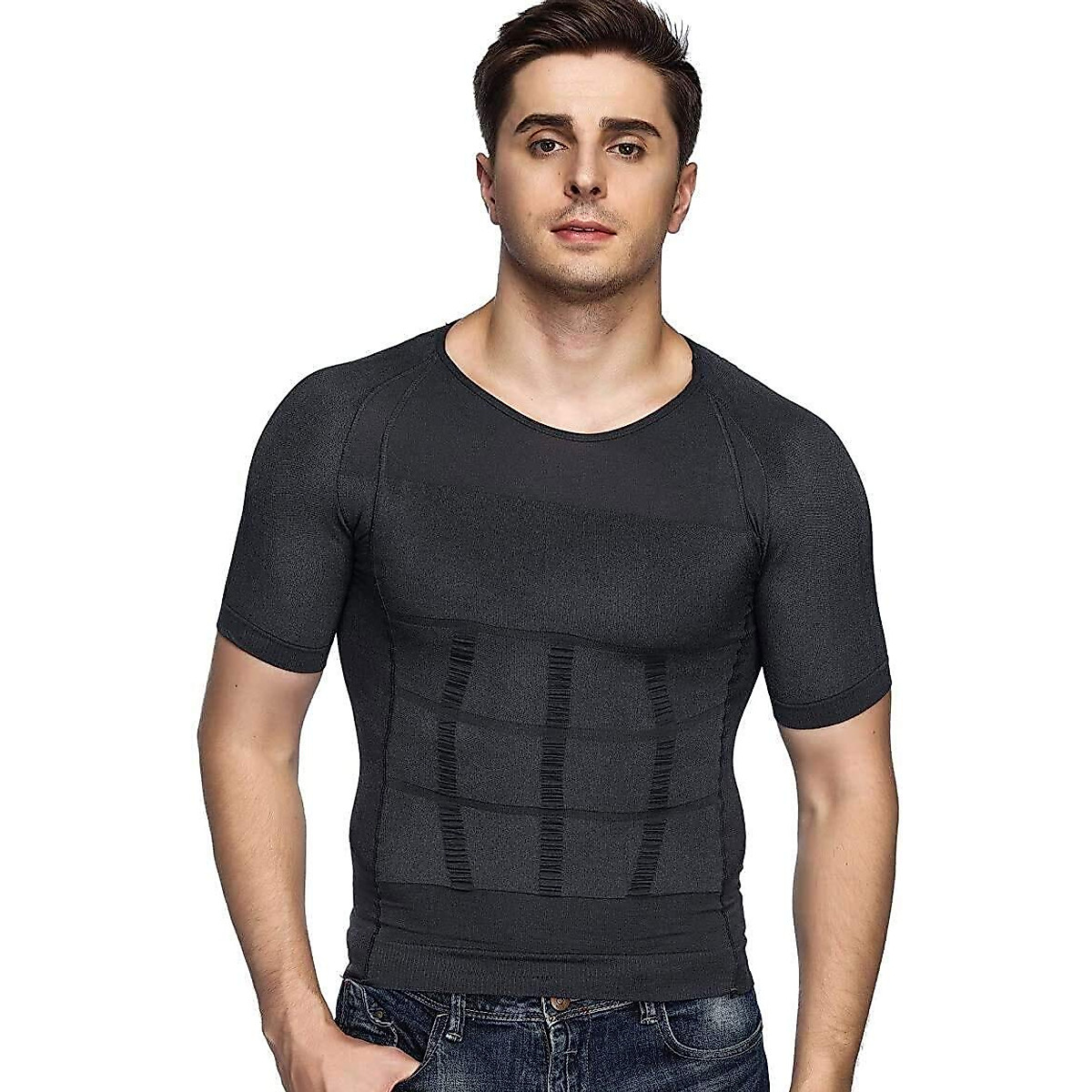 Odoland 3 Pack Men's Body Shaper Slimming Shirt Tummy Vest Thermal Compression Base Layer Slim Muscle Short Sleeve Shapewear, White/Grey/Black, L