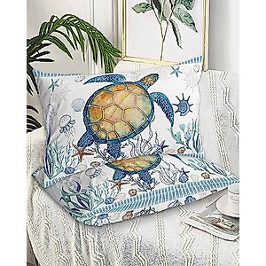 Edwiinsa Ocean Turtle Pillow Covers Standard Size Set of 2 20x26 Bed Pillow, Beach Nautical Coastal Blue Starfish Shell Coral Plush Soft Comfort for Hair/Skin Cooling Pillowcases with Envelop Closure