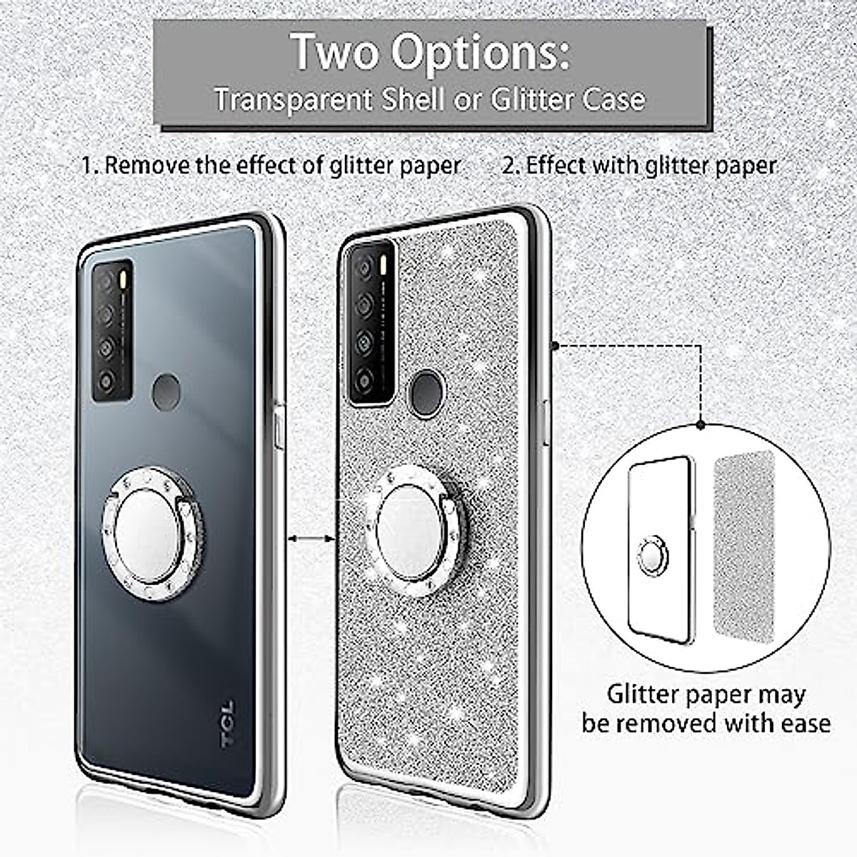 Easyscen Case for TCL 30 XL (6.82"), Clear Glitter Soft TPU Shockproof Protective Bumper Cover with Kickstand Lanyard, Sparkly Cute Slim Women Girls Phone Case for TCL 30 XL T701DL - Silver