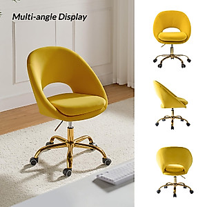 TINA'S HOME Modern Velvet Office Chair with with Adjustable Swivel, Comfy Upholstered Desk Chair with Open Back, Small Cute Chair for Living Room Study Vanity, Yellow