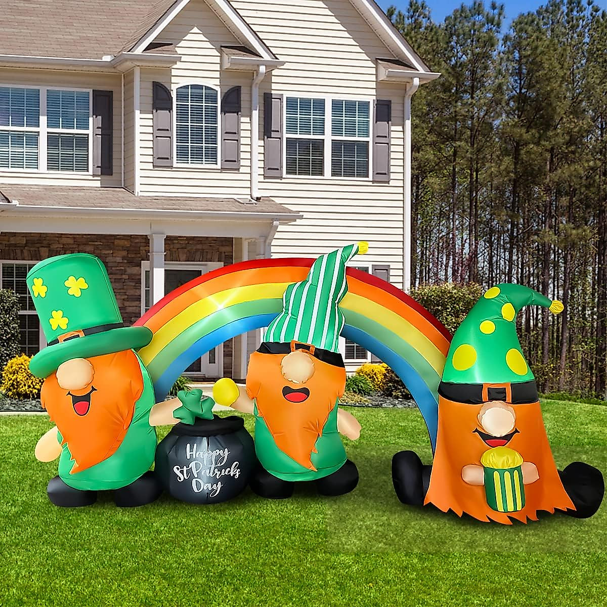 BLOWOUT FUN 8ft Inflatable St. Patrick's Day 3 Gnomes with Rainbow Decoration, LED Blow Up Lighted for Indoor Outdoor Holiday Art Decor Clearance