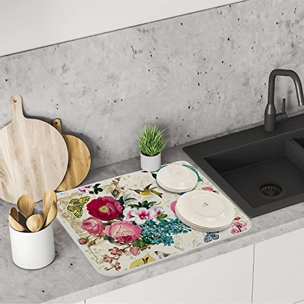 Dish Drying Mats for Kitchen Counter, TOPCARPENTER 18*24 inch Spring Flower& Hummingbirds Dish Drainer Mat, Ultra Absorbent Microfiber Dish Drying Pad for Kitchen Counter Coffee Bar