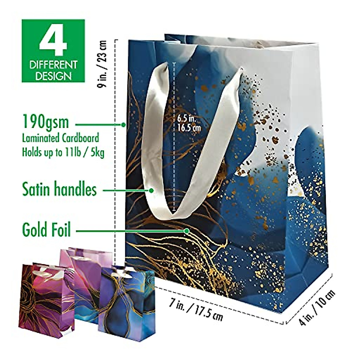 Homeadow Bags - 4 Pcs Assorted Gift Bags, Medium Size (9"x7") - Assorted with 4 Different Designs, Laminated Cardboard, Gold Foil, includes 8 tissue papers - Golden Blossom