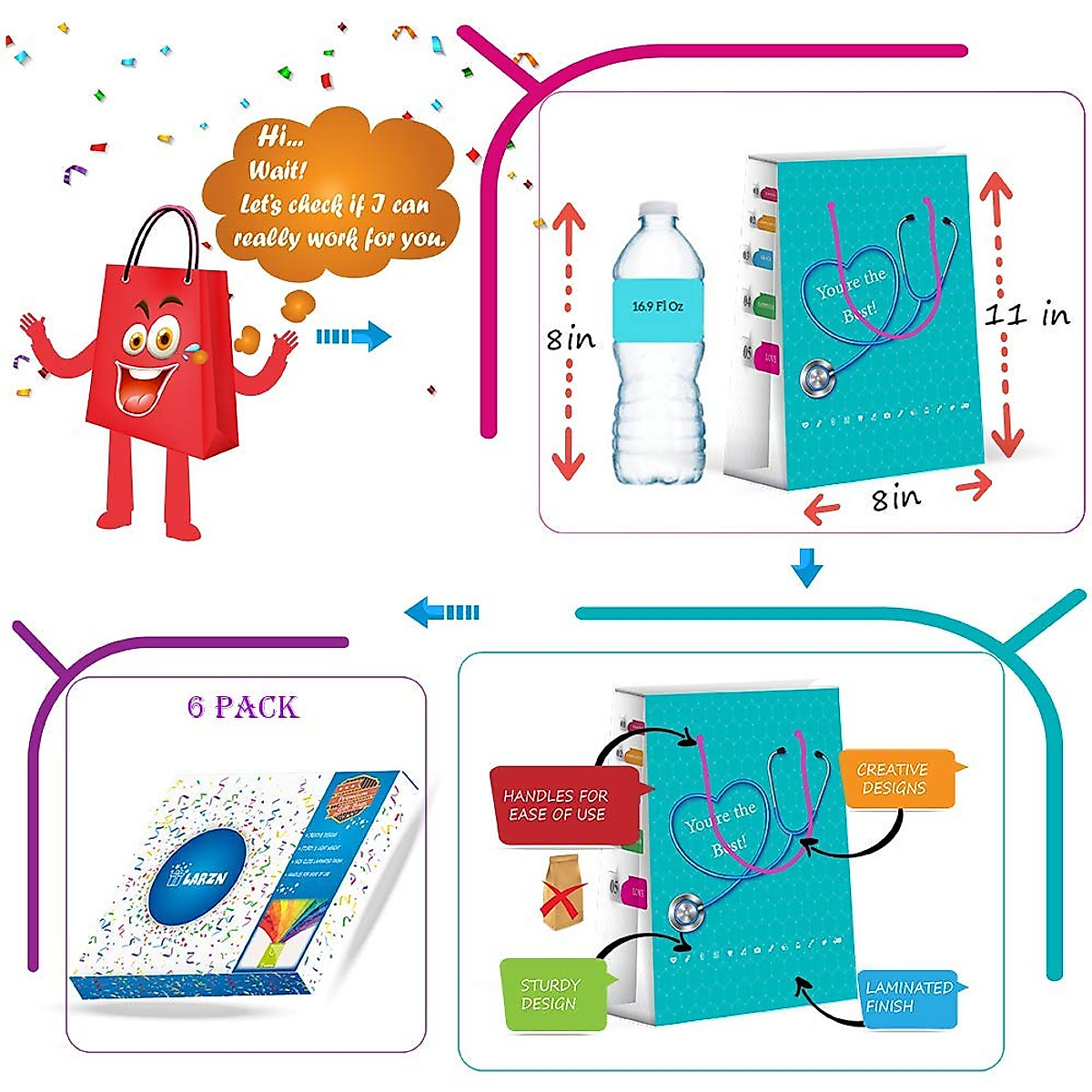 LARZN - Celebrate With an Impression Premium Nurse MEDIUM Gift Bags, 6 Pack