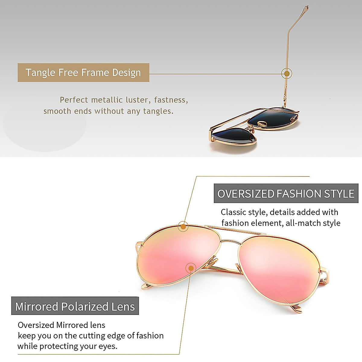 SUNGAIT Women’s Lightweight Oversized Aviator Sunglasses - Mirrored Polarized Lens (2022 Light-Gold Frame/Pink Mirrored Lens, 60) 1603JKF