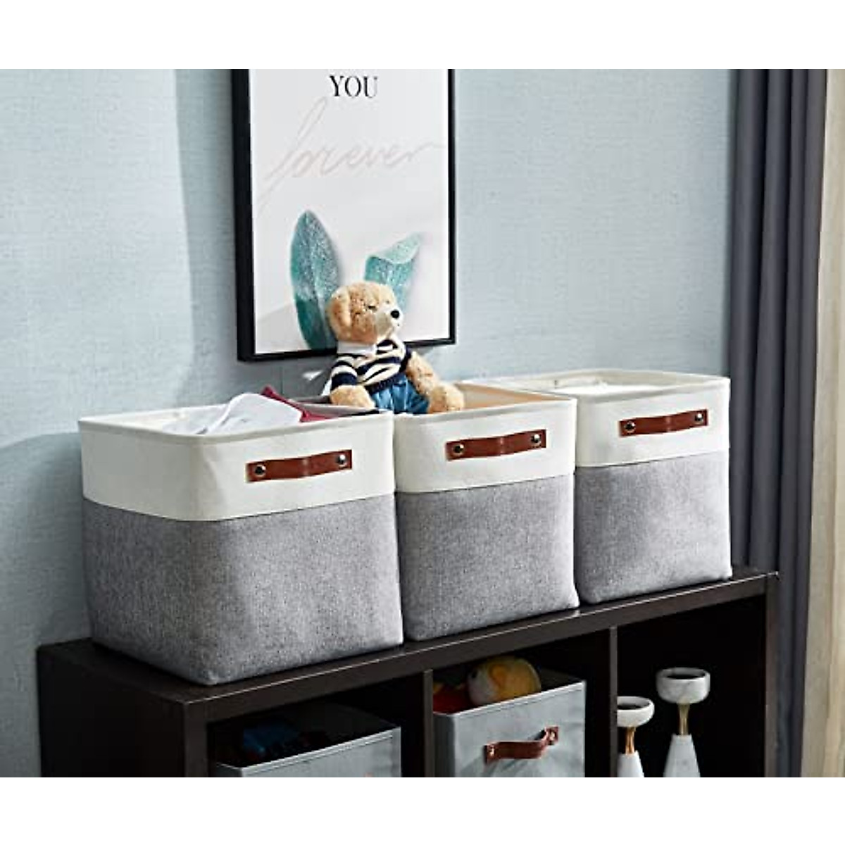 DECOMOMO Cube Storage Organizer Bins 11 inch Cube Storage Bin 4 Pack Cubby Storage Bins Storage Baskets for Organizing Shelf Closet Nursery Toys Cloth Bathroom (Grey&White)