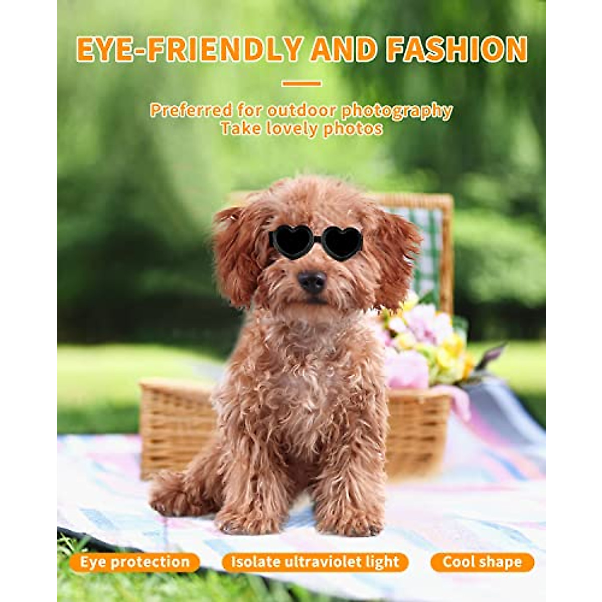 Suxible Dog Goggles Small Breed Dog Sunglasses, UV Protection Heart Shape Dog Sunglasses with Adjustable Strap, Waterproof Goggles for Dogs Doggy Pet Puppy Sun Glasses Doggie Windproof Glasses-Black