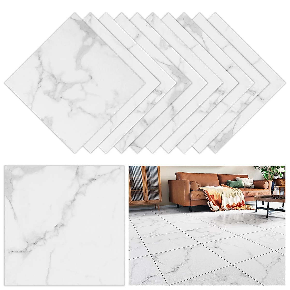 Skyblur 32 PCS Peel and Stick Floor Tile for Kitchen Sticky Vinyl Flooring Tile White Marble Floor Tiles Peel and Stick Waterproof Removable Laminate Flooring for Bedroom RV Garage Floor 12"X12"