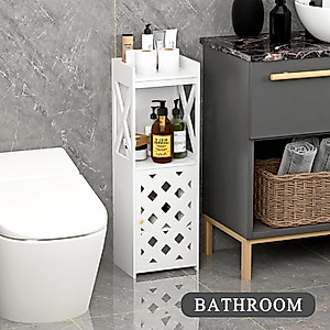 BYFU Bathroom Storage Cabinet, White Bathroom Floor Cabinet Freestanding Organizer with Door and Open Shelf for Kitchen Living Room Narrow Space