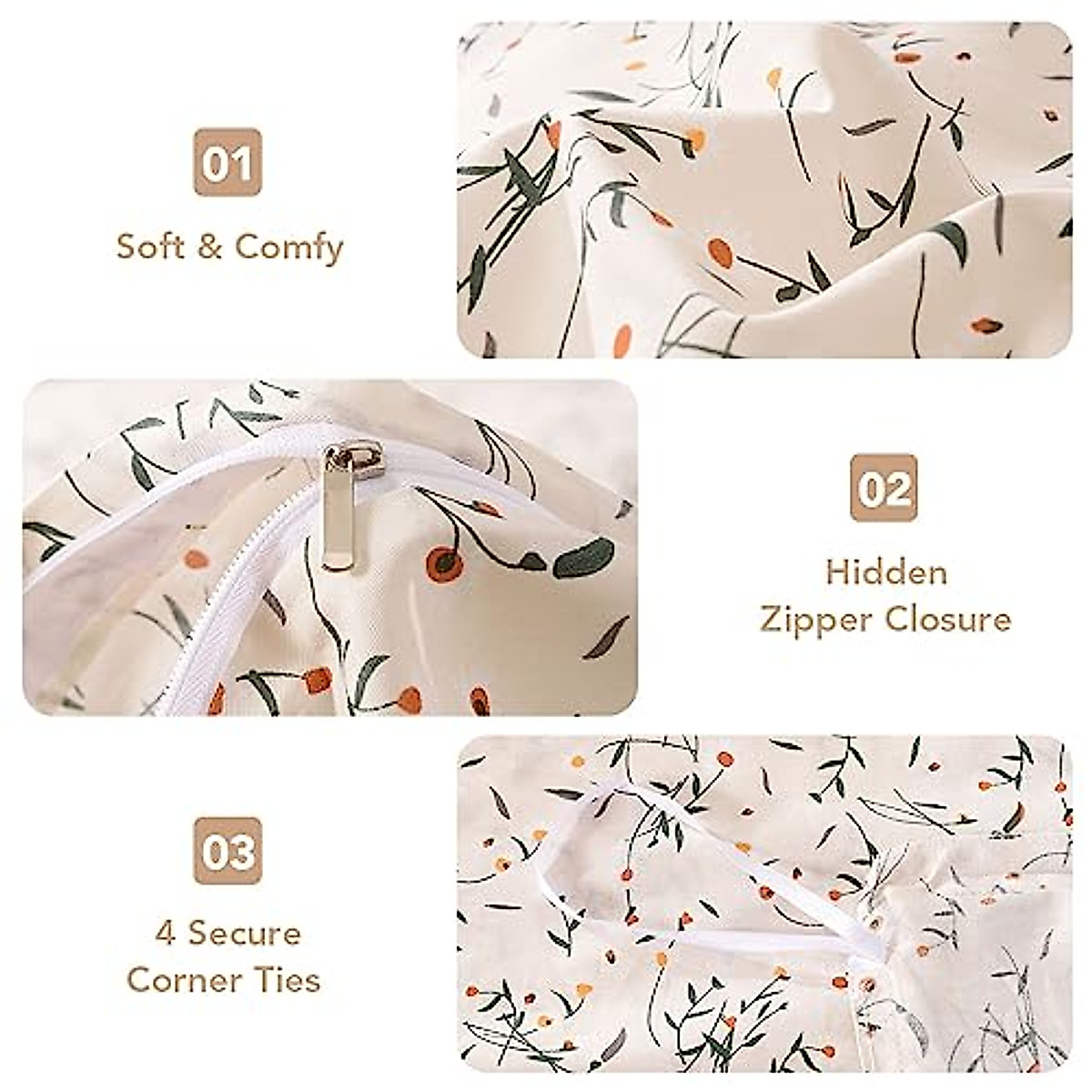 Lekesky Cotton Duvet Cover Queen Size - 100% Washed Cotton Beige Floral Duvet Cover Set for All Season, Soft and Breathable Bedding Set with Zipper Closure & Corner Ties