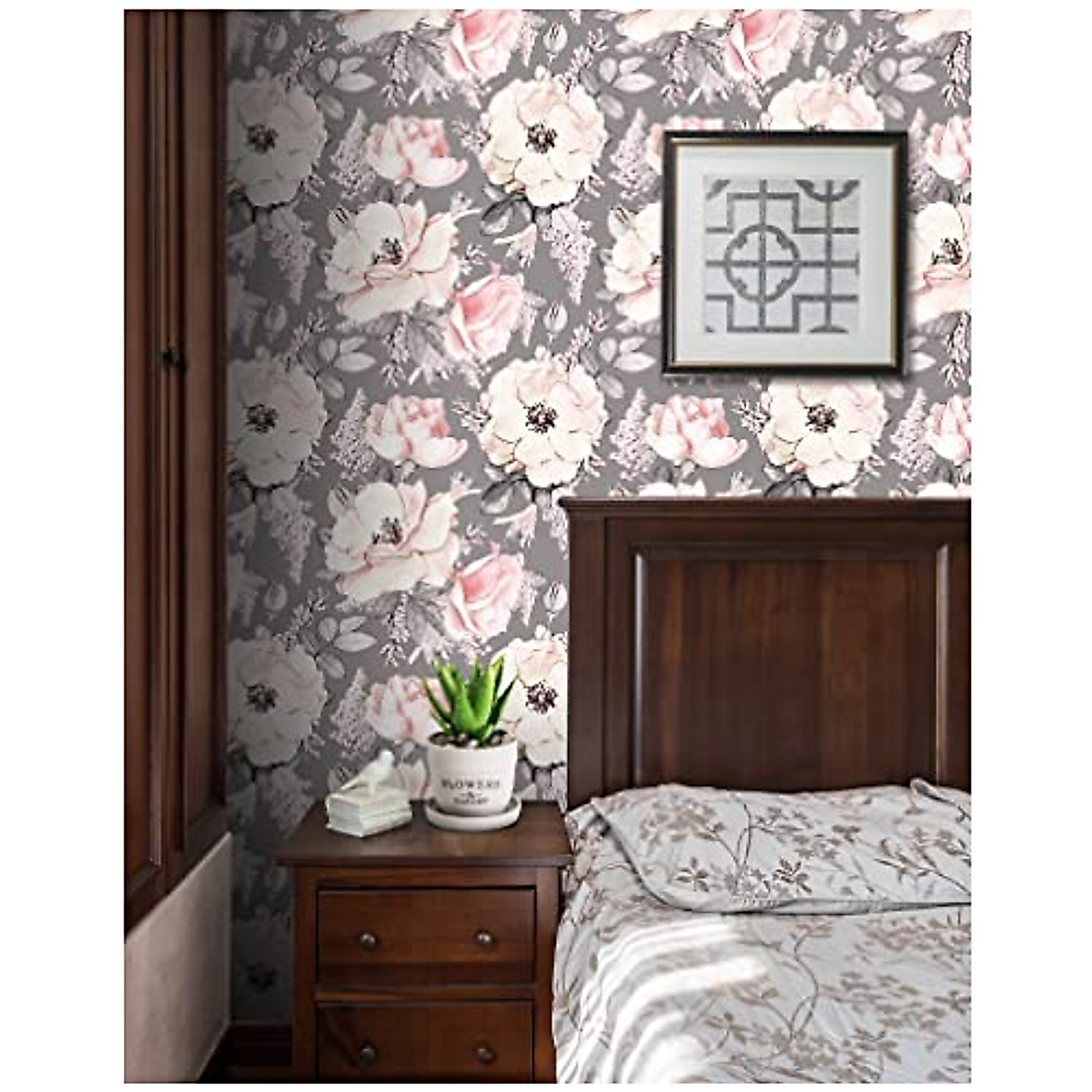 HAOKHOME Floral Peel and Stick Wallpaper Peony Removable Grey/Pink Vinyl Cabinet Self Adhesive Shelf Liner 17.7in x 9.8ft