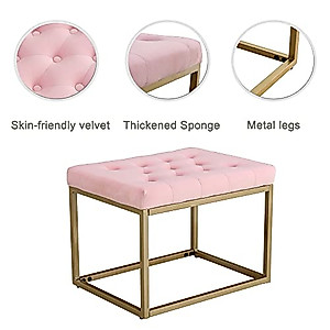 AWQM Vanity Stool,Pink Velvet Ottoman Bench,Vanity Bench with Gold Legs,Upholstered Rectangle Velvet Foot Stool Chair,Comfy Vanity Chair, End of Bed Bedroom,Makeup Chair for Living Room Entryway