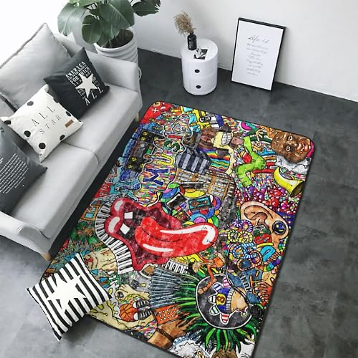 Modern Aesthetic Area Rugs 5x7 Feet, Colorful Graffiti Music Art Abstract Extra Large Soft Flannel Carpet 58"X80" Anti-Skid Doormat Floor Rugs Mat Pad for Bedroom Kitchen Nursery Office