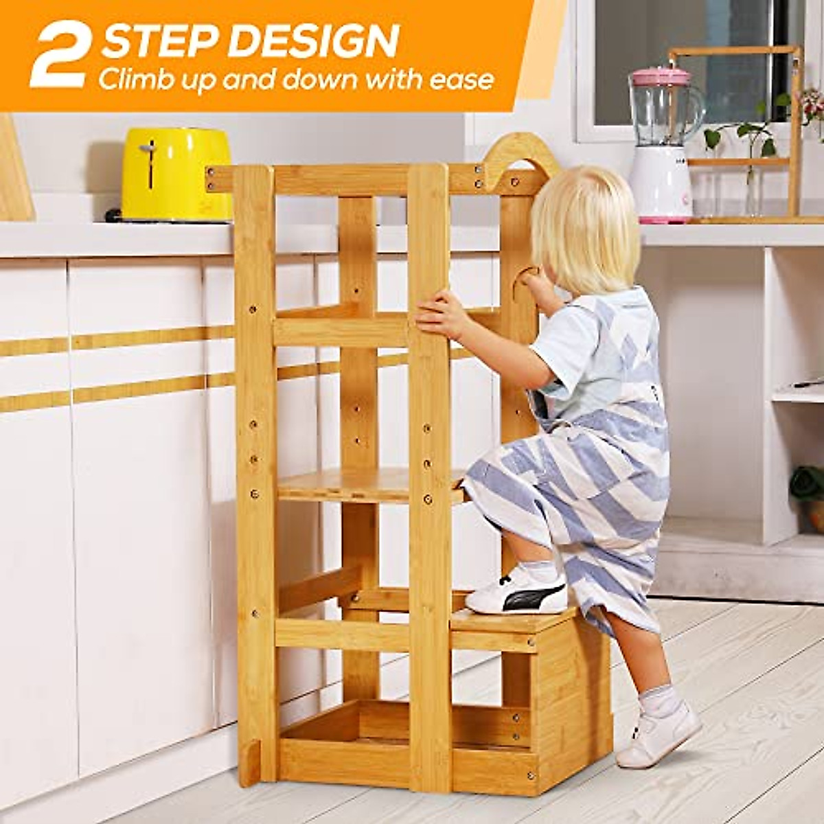 IPOW Learning Stool Toddler Tower, 3 Adjustable Height Kids Step Stool for 18-48 Months, Solid Toddler Kitchen Step Stool Helper with Safety Rail for Kitchen Counter Bathroom Sink