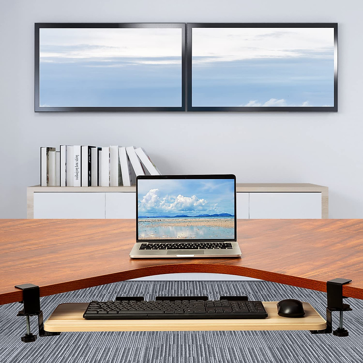 TOKPELA Keyboard Tray Under Desk for Corner L Shaped Desk, Ergonomic Corner Desk Keyboard Tray，Under The Desk Slide Out Computer Keyboard & Mouse Tray， 27.28" W x 11.85" D x 0.83”H (Light Walnut)