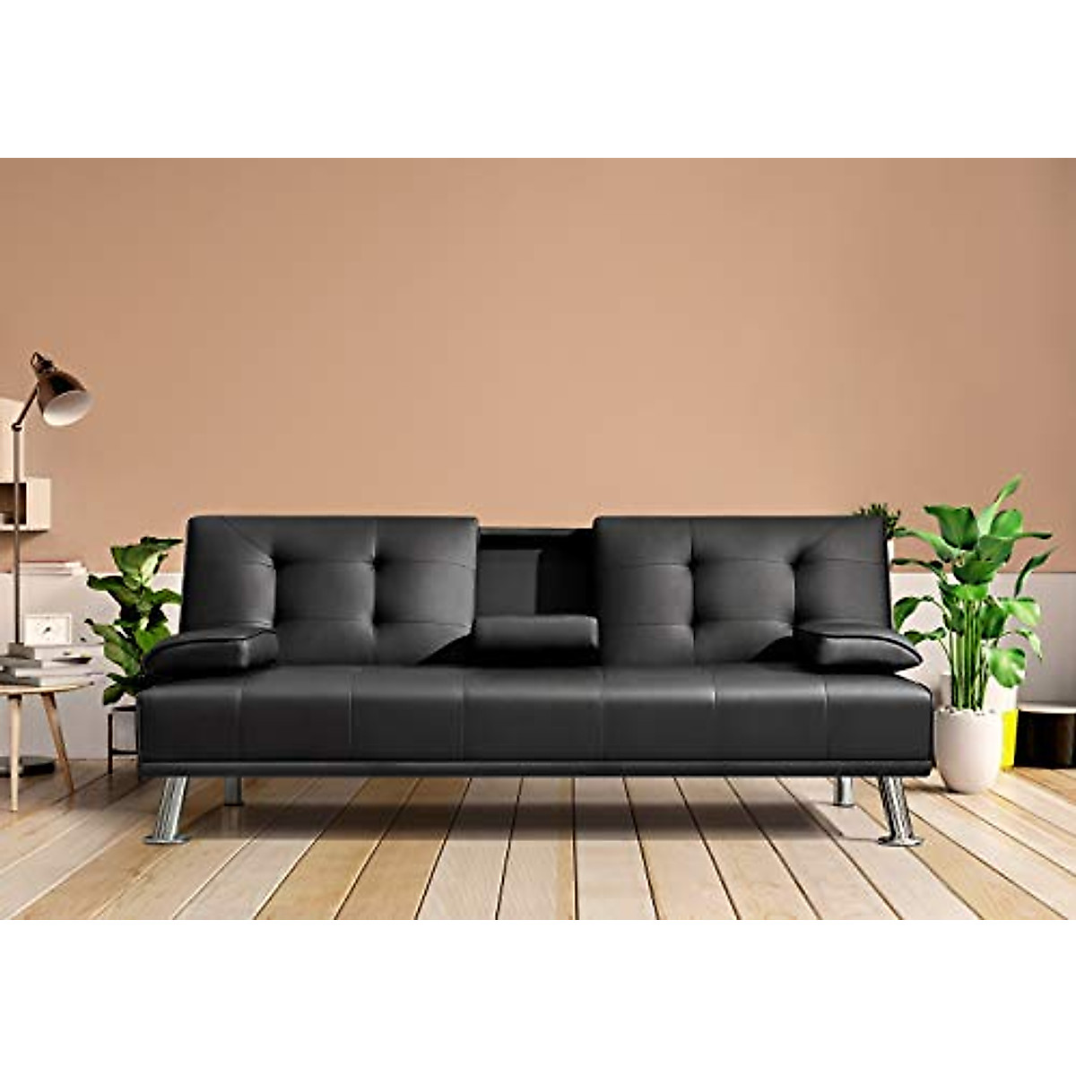 Flamaker Futon Sofa Bed Modern Faux Leather Couch, Convertible Folding Recliner Lounge Futon Couch for Living Room with 2 Cup Holders with Armrest
