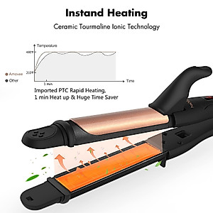 AmoVee Travel Curling Iron, 1.25 Inch Hair Straightener Curling Iron, 2 in 1 Flat Iron Ceramic Tourmaline, Dual Voltage Curling Iron, Adjustable Temp, Rose Gold