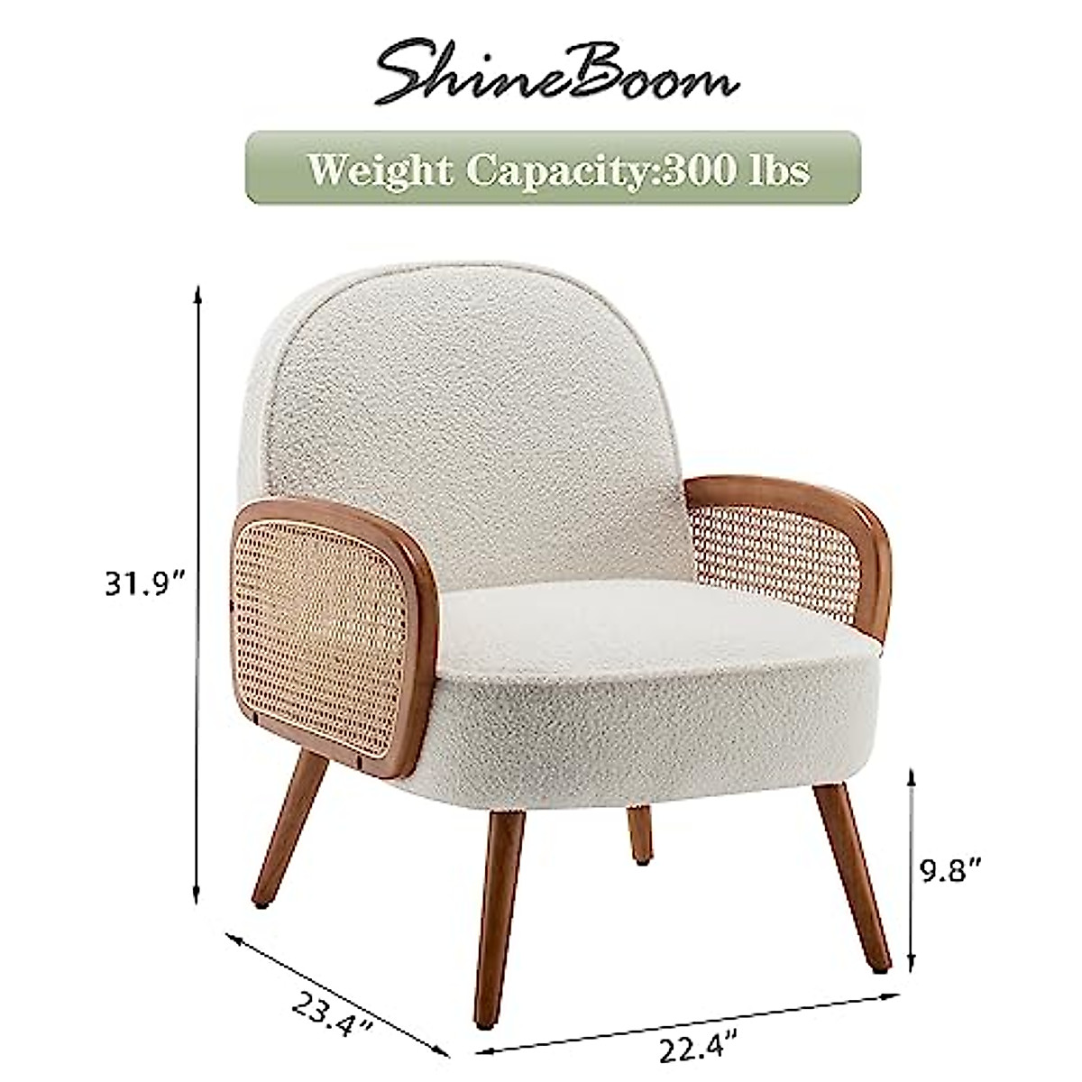 SHINEBOOM Accent Chairs Rattan Comfy Upholstered Modern Arm Chair for Living Room Reading Bedroom Balcony Sherpa Plush Chair, White