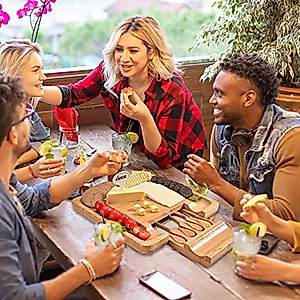 FITNATE Bamboo Cheese Board Set, 13inch Square Charcuterie Board with Cutlery in Slide-Out Drawer Including 4 Stainless Steel Serving Utensils, Gift for Christmas, Birthday, Wedding, Housewarming