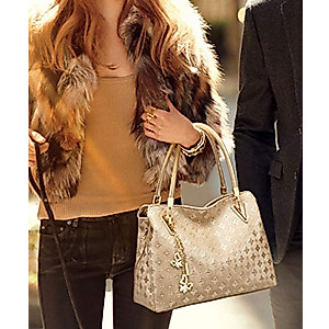 FiveloveTwo Women PU Ladies Handbag Purse Tote Satchel Shoulder Bag Tassel Print 4pcs Set Top Handle Bag Clutch Card Holder Gold