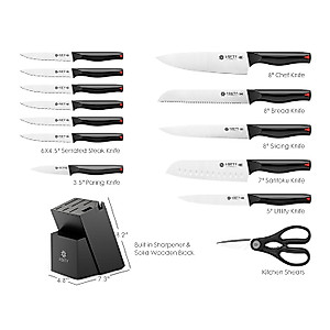 ASETY Knife Set, 15 PCS Kitchen knife Set with Bulti-in Sharpener Block, High Carbon Stainless Steel Knife Block Set, NSF Food Safe, Dishwasher Safe Knife Sets for Kitchen, Black, Gift Box