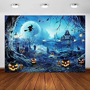 Avezano Halloween Photography Backdrop Full Moon Scary Night Castle Pumpkins Party Background Spooky Witch Bats Cemetery Child Kids Halloween Party Decorations Photoshoot Backdrops (10x7ft, Blue)