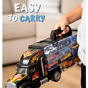 Toy Truck Transport Car Carrier Toy for Boys and Girls Age 3-10 yrs Old - Hauler Truck Includes 12 Toy Cars and Accessories - Car Truck Fits 28 Car Slots - Ideal Gift for Kids