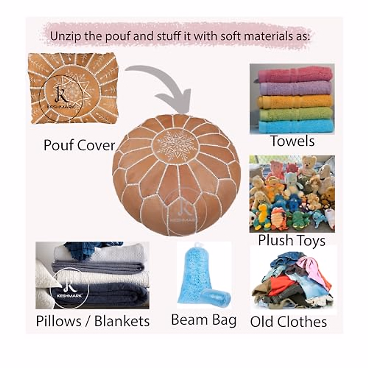 KESHMARK Luxury Handcrafted Moroccan Leather Pouf - Boho Chic Ottoman Seat & Footstool for Living Room Decor - Foot Rest - Round Ottoman (Light Tan with Brown Thread, Cover)