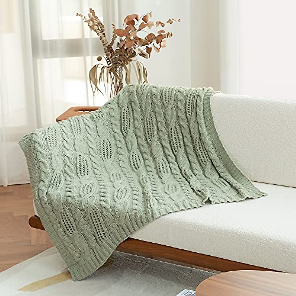 Amélie Home Sage Green Cable Knit Wool Throw Blankets Soft Cozy and Lightweight for Couch Sofa Bedroom, Suitable for Spring Summer, 50'' x 60''