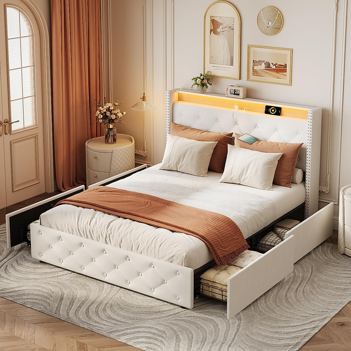 Vabches Full Size Bed Frame with LED Headboard & Drawers, Velvet Upholstered Platform Bed Frame with Led Light and Charging Station, Wingback Storage Metal Bed, Beige