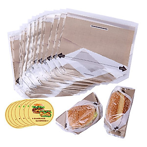 Disposable Plastic To Go Hamburger bag &Stickers,Easy Tear Hamburgers Packing(100pcs),Plastic Burger Containers to Carry Cake Dessert Sandwich,Takeaway Home Use and Party Bake Sale