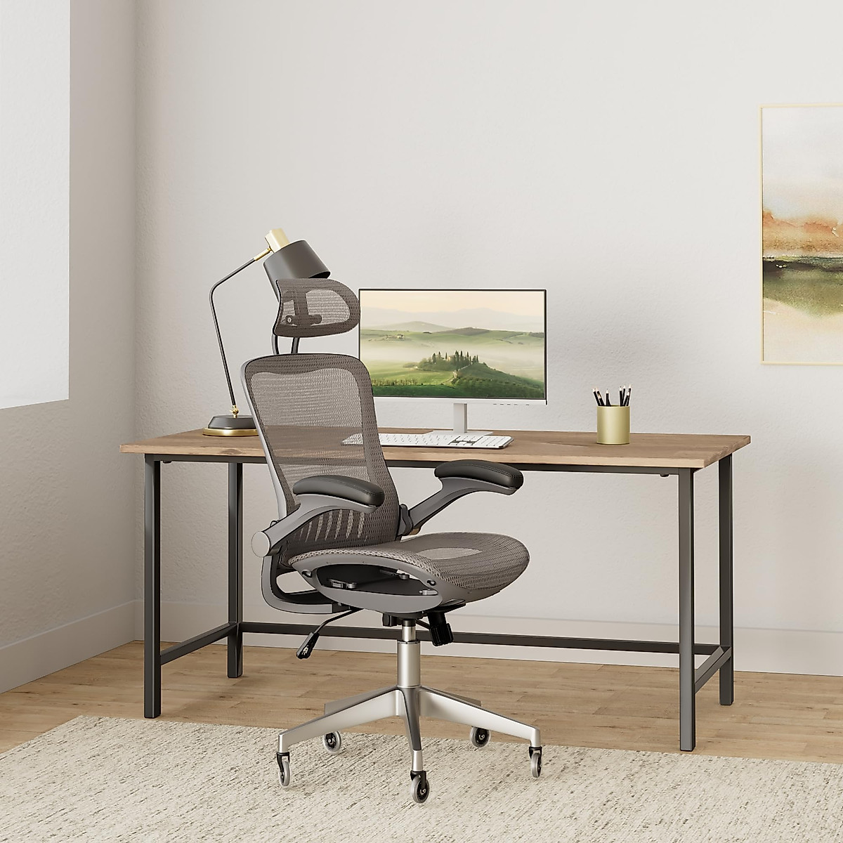 NOUHAUS ErgoFlip Mesh Computer Chair - Rolling Desk Chair with Retractable Armrest and Blade Wheels Ergonomic Office Chair, Desk Chairs, Executive Swivel Chair, Reinforced Base (Blue)