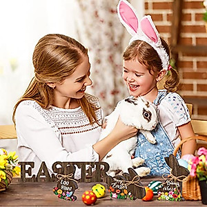 4 Pcs Easter Table Decorations Easter Bunny Signs Wooden Bunny Decor Easter Word Sign Rustic Farmhouse Rabbit Tiered Tray Decor Spring Sign for Home Party Decoration (Flower Bunny Style)