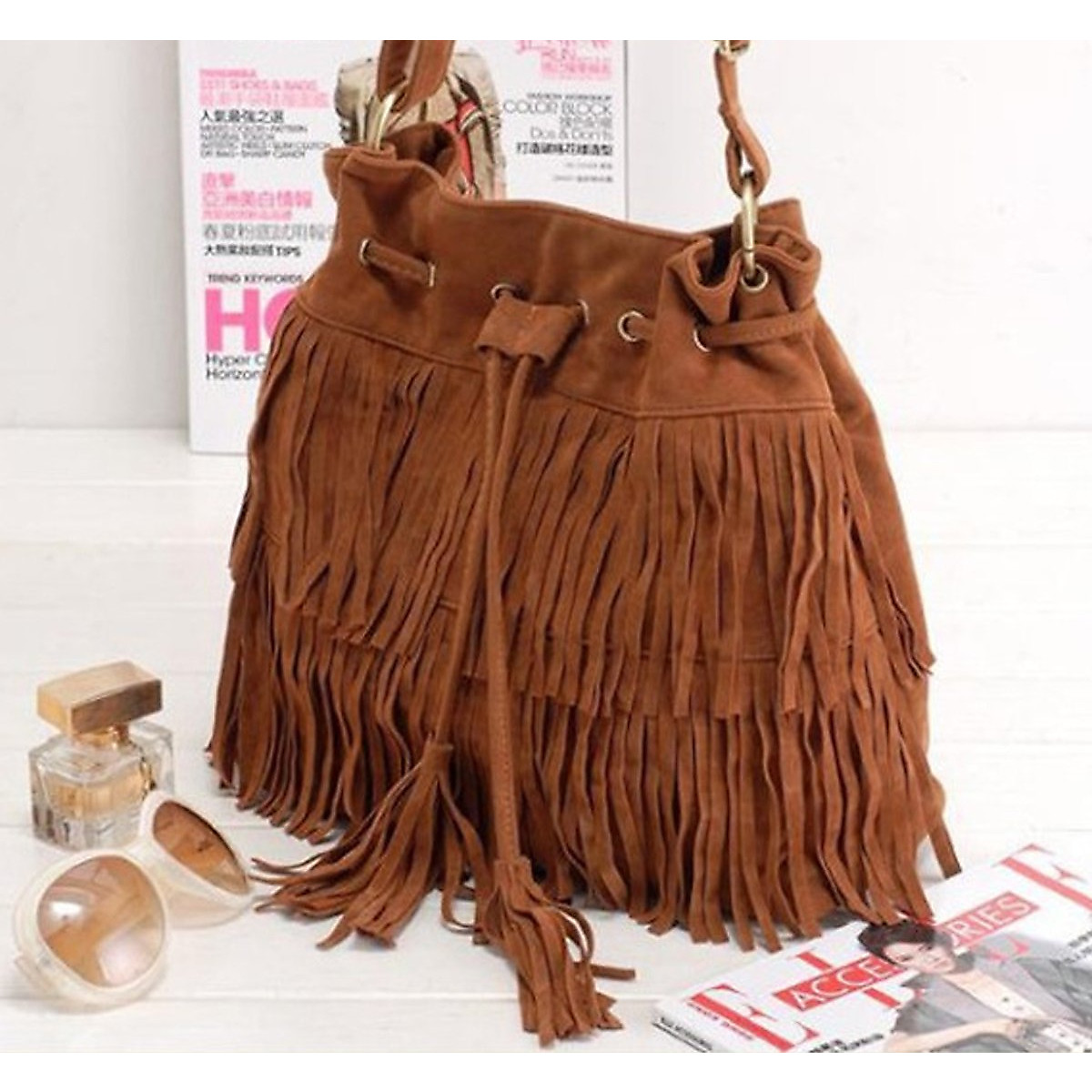 Heidi Bag Women's Fringed Bucket Purse Tassel Faux Suede Shoulder Bag Ring Top-Handle Crossbody Bag (brown)