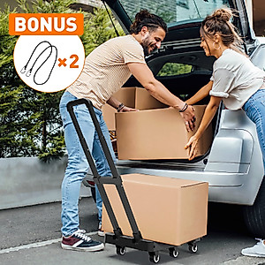 Ronlap Folding Hand Truck, Foldable Dolly Cart for Moving 500lbs Heavy Duty Luggage Cart Portable Platform Cart Collapsible Dolly with 6 Wheels & 2 Ropes for Travel House Office Moving, Black