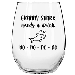 Granny Shark Needs a Drink Do Do Do Do Funny Novelty Libbey Stemless Wine Glass with Sayings - Gifts for Grandmas - For Birthdays & Any Special Occassions