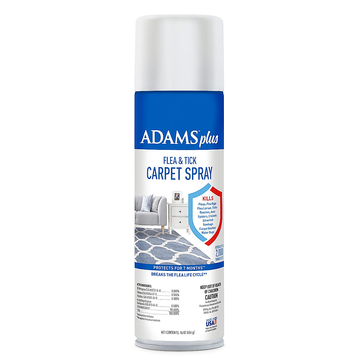 Adams Plus Flea & Tick Carpet Spray, Kills Fleas, Flea Eggs, Flea Larvae, Ticks, Ants, Roaches, Spiders, Waterbugs & Many Other Listed Nuisance Pests In The Carpet, Treats Up to 2,000 Sq Ft, 16 Ounces