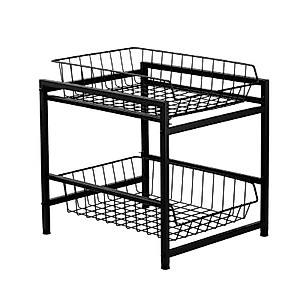 Kixue 2 Tier bathroom organizer，Metal kitchen organizer，Under sink organizer with Sliding Storage Drawer，Pull out cabinet organizer