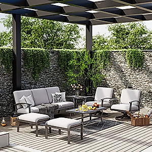 HAPPATIO 7 Piece Aluminum Patio Furniture Set, 3-Seat Outdoor Ottoman and Swivel Armchair, All-Weather Outdoor Sectional Sofa with Side Table and Coffee Table, Garden Conversation Set for Lawn(Gray)