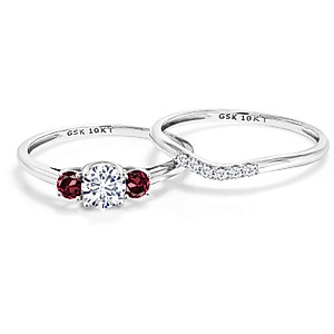10K White Gold Forever Brilliant Moissanite From Charles & Colvard and Red Rhodolite Garnet and Lab Grown Diamond 3-Stone Bridal Engagement Wedding Ring Set For Women (0.81 Cttw, Round 5MM, Size 6)
