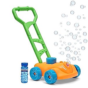 Little Kids FUBBLES NO Spill Bubble Lawn Mower | Includes 4oz Non Tox Refill Solution | Automatic Bubble Blower Machine | Toddler Outdoor Bubble Toy, Orange