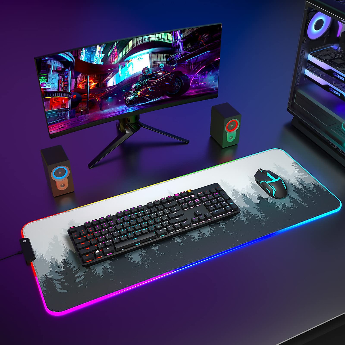 ITNRSIIET RGB Gaming Mouse Pad, Full Desk XL Extended Large Gaming Mousepad, 12 Lighting Modes 30% Thicker Big LED Desk Mat for Gamers, 32 x 12 inches, Ink Painting Misty Forest