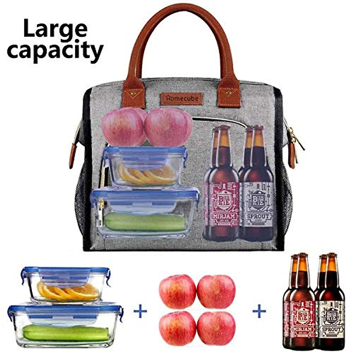 Homecube Lunch Bag Insulated Lunch Box Wide Open Lunch Tote Bag with Pockets Large Capacity Multi-Function for Women Men Light Grey
