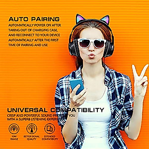 Midola Gaming Bluetooth 5.0 Wireless Headphones Cat Ear Over LED Light Foldable Music Headset with AUX 3.5mm (Built-in) Mic for Adult & Kids PC TV Game Pad Laptop Cellphone Black