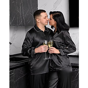 SWOMOG Couple Silk Satin Pajamas Set 2Pcs Matching Famliy Sleepwear Button Down Loungewear Men & Women Pjs with Pants Black